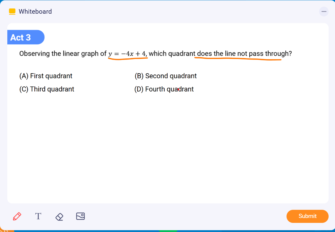 Observing the linear graph of $y = -4x + 4$, | StudyX