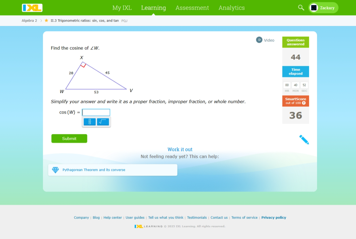 Find the cosine of ∠W. ``` X 28 45 W | StudyX