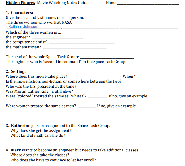 Hidden Figures Movie Watching Notes Guide 1. | StudyX