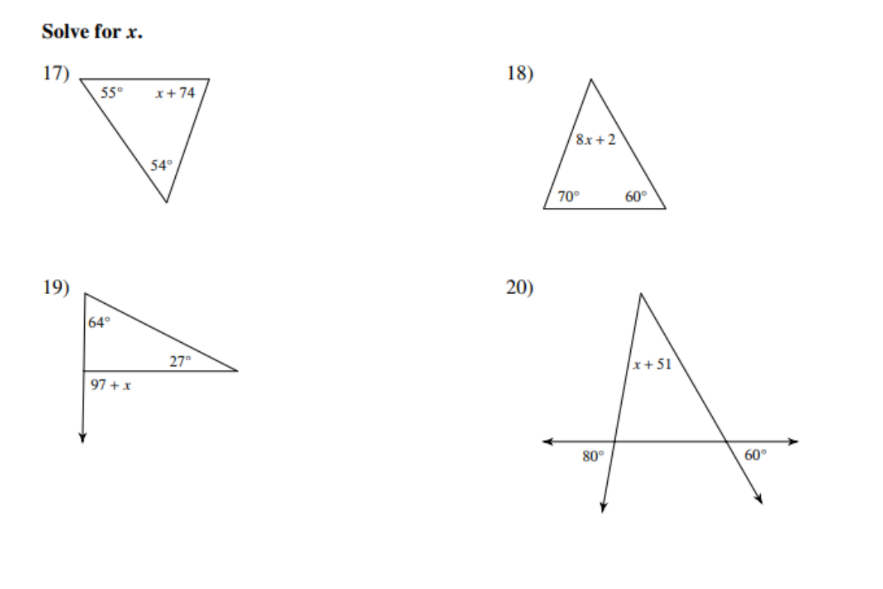 Solve for x. 17) A triangle with angles: | StudyX