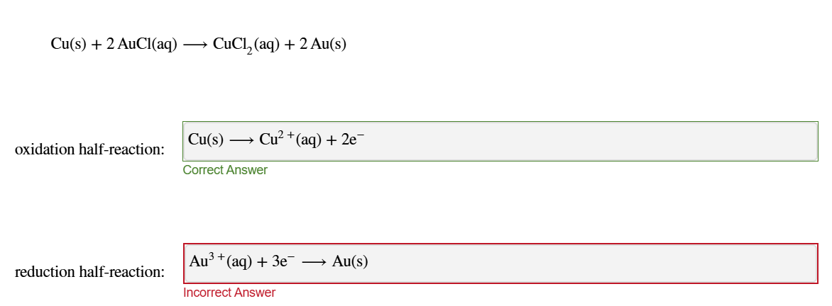 Cu(s) + 2 AuCl(aq) CuCl_2(aq) + 2 Au(s) | StudyX