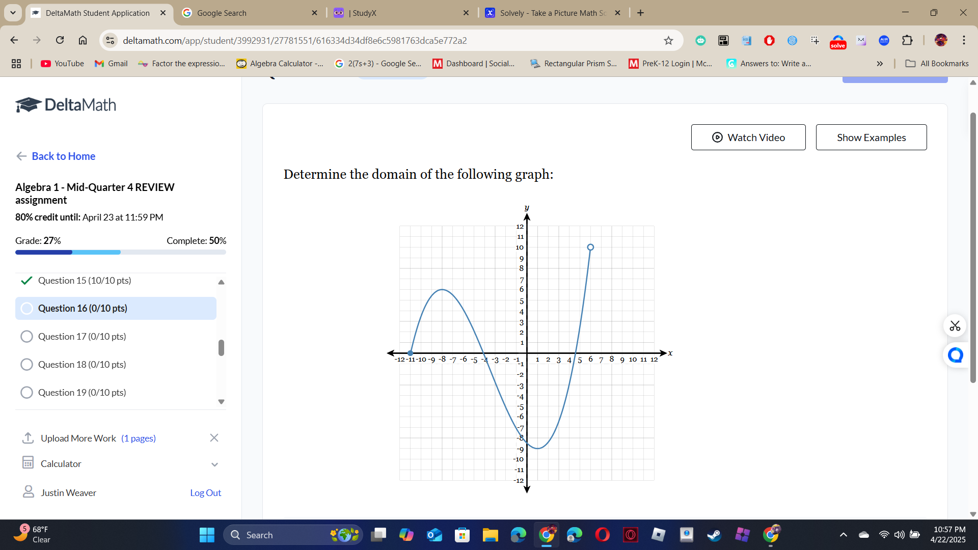 Determine the domain of the following graph: | StudyX