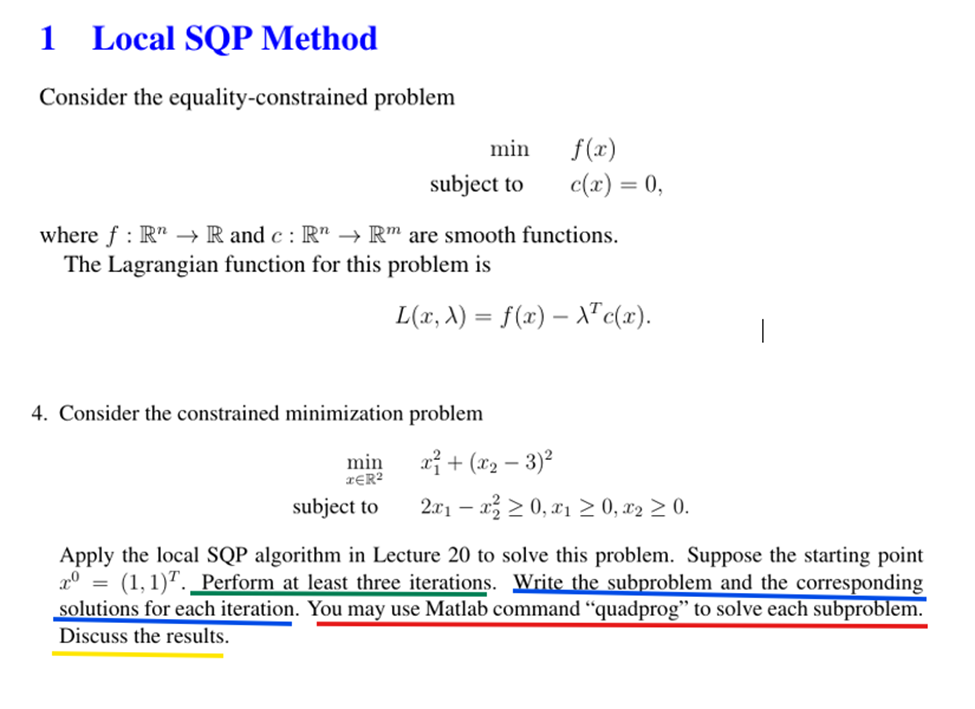 Apply the local SQP algorithm in Lecture 20 | StudyX