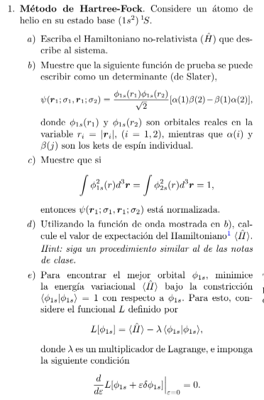 1. Método de Hartree-Fock. Considere un | StudyX