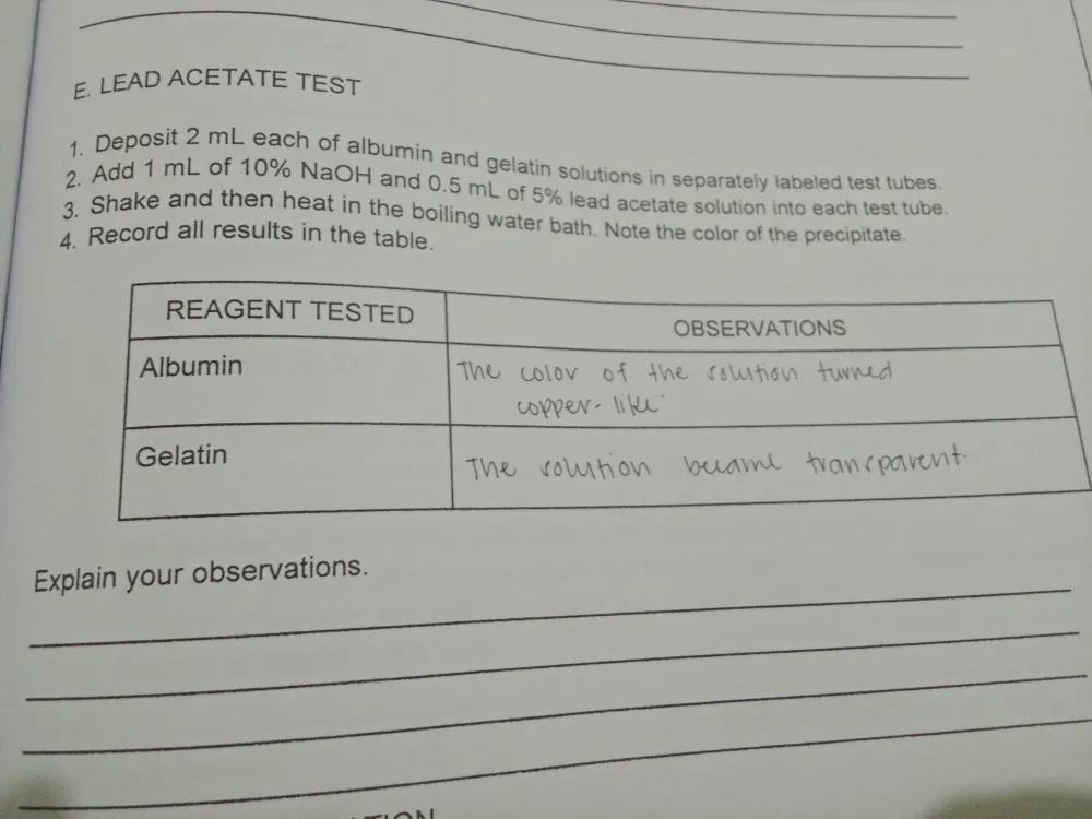 E. LEAD ACETATE TEST 1. Deposit 2 mL each | StudyX