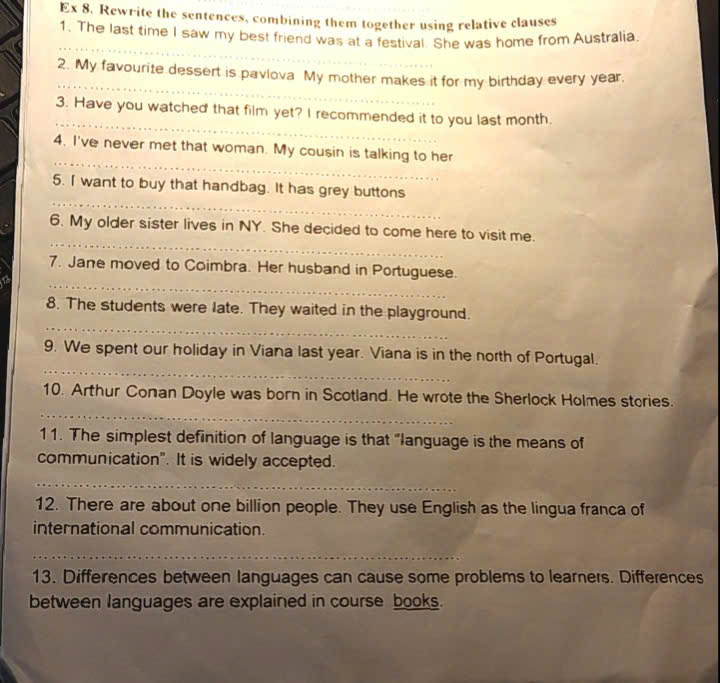 Ex 8. Rewrite the sentences, combining them | StudyX