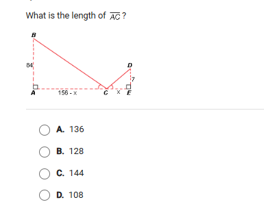 What is the length of $ {AC}$? A. 136 B. | StudyX