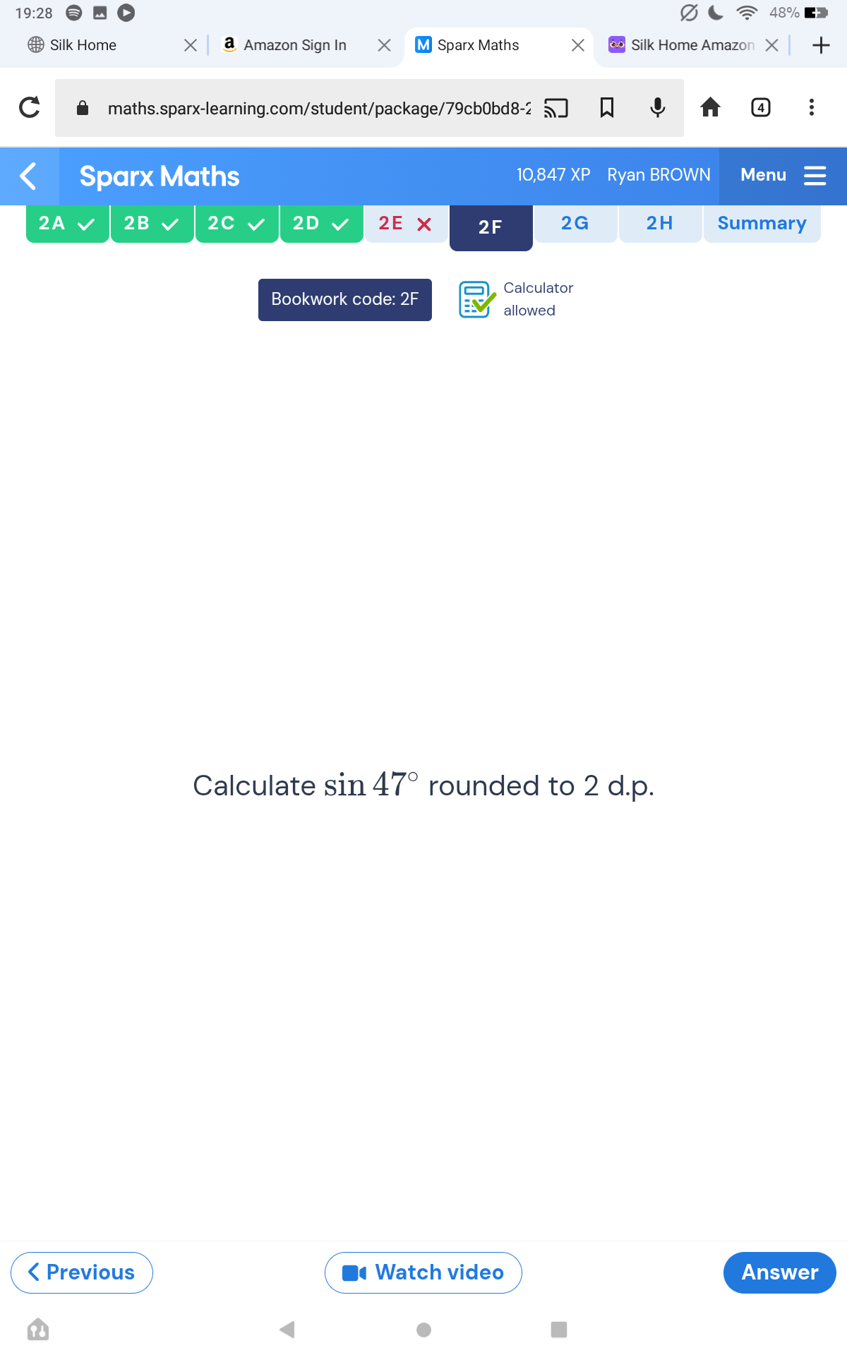 Calculate sin 47 degrees
