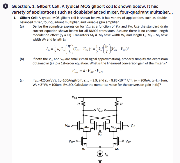 Question: 1. Gilbert Cell: A typical MOS | StudyX