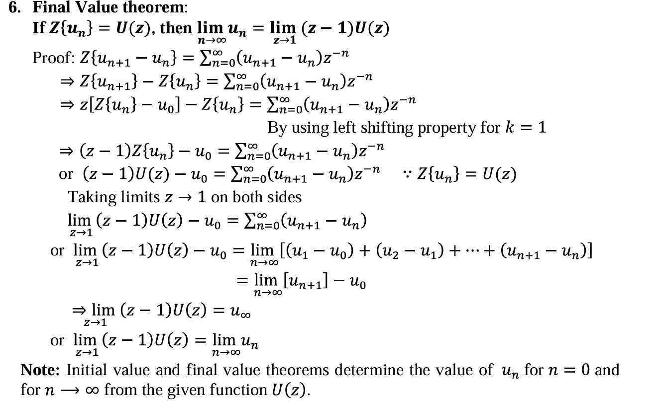6. Final Value theorem: If $Z\{u_n\} = | StudyX