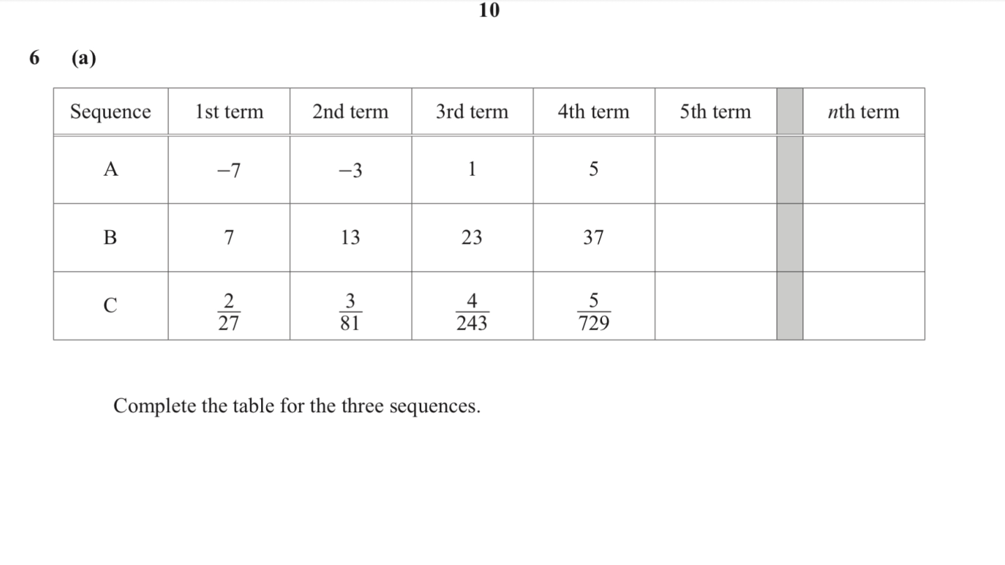 Complete the table for the three sequences. | StudyX