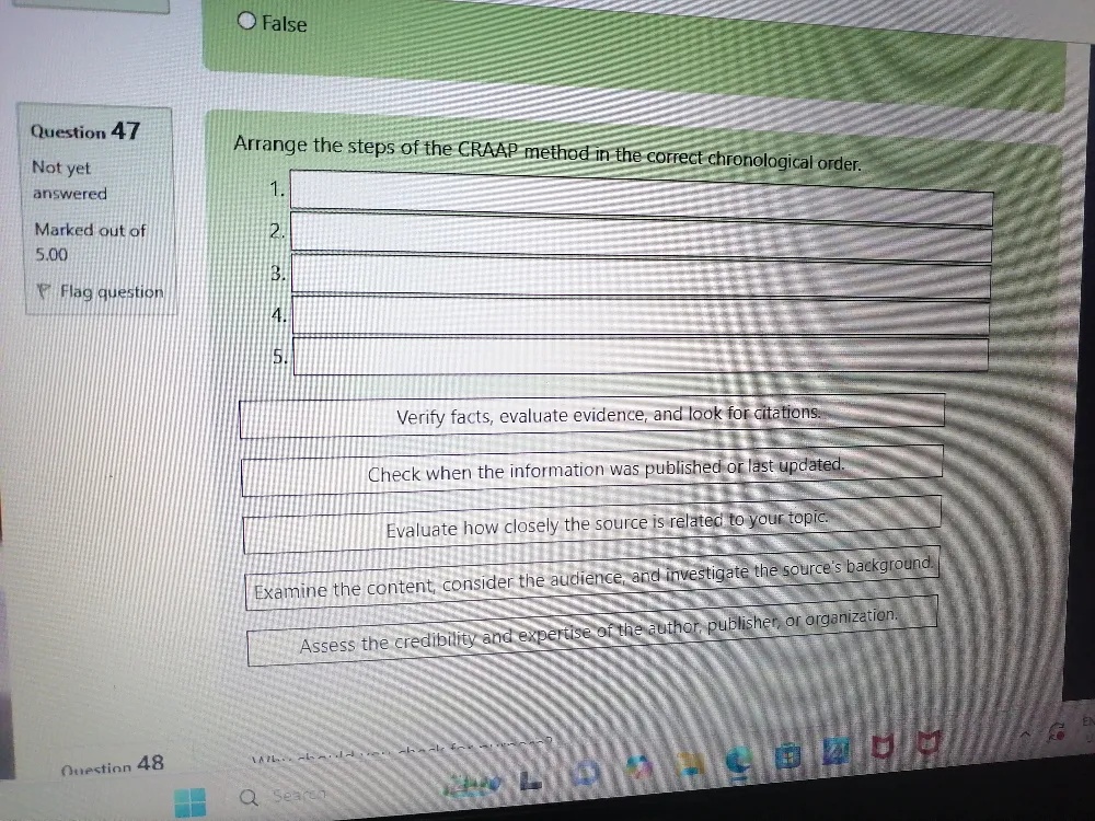 Arrange the steps of the CRAAP method in the | StudyX