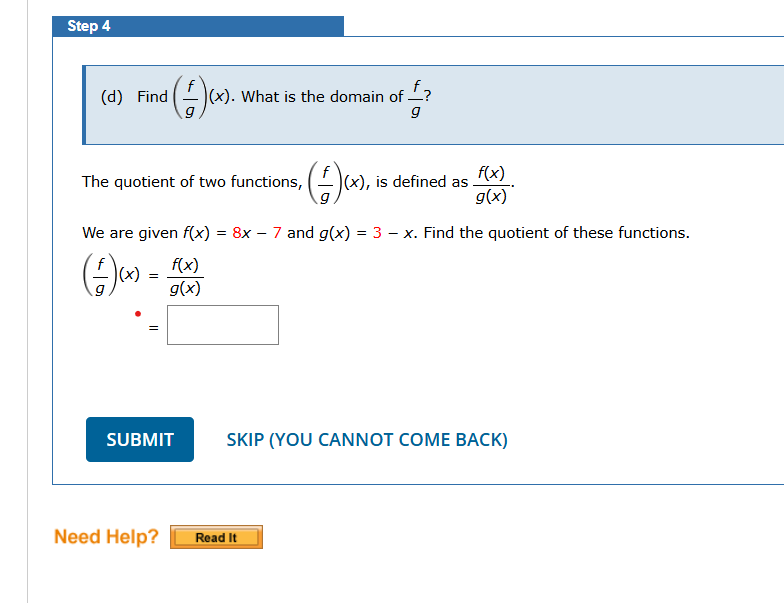 (d) Find \( {f}{g}\)(x). What is the domain | StudyX
