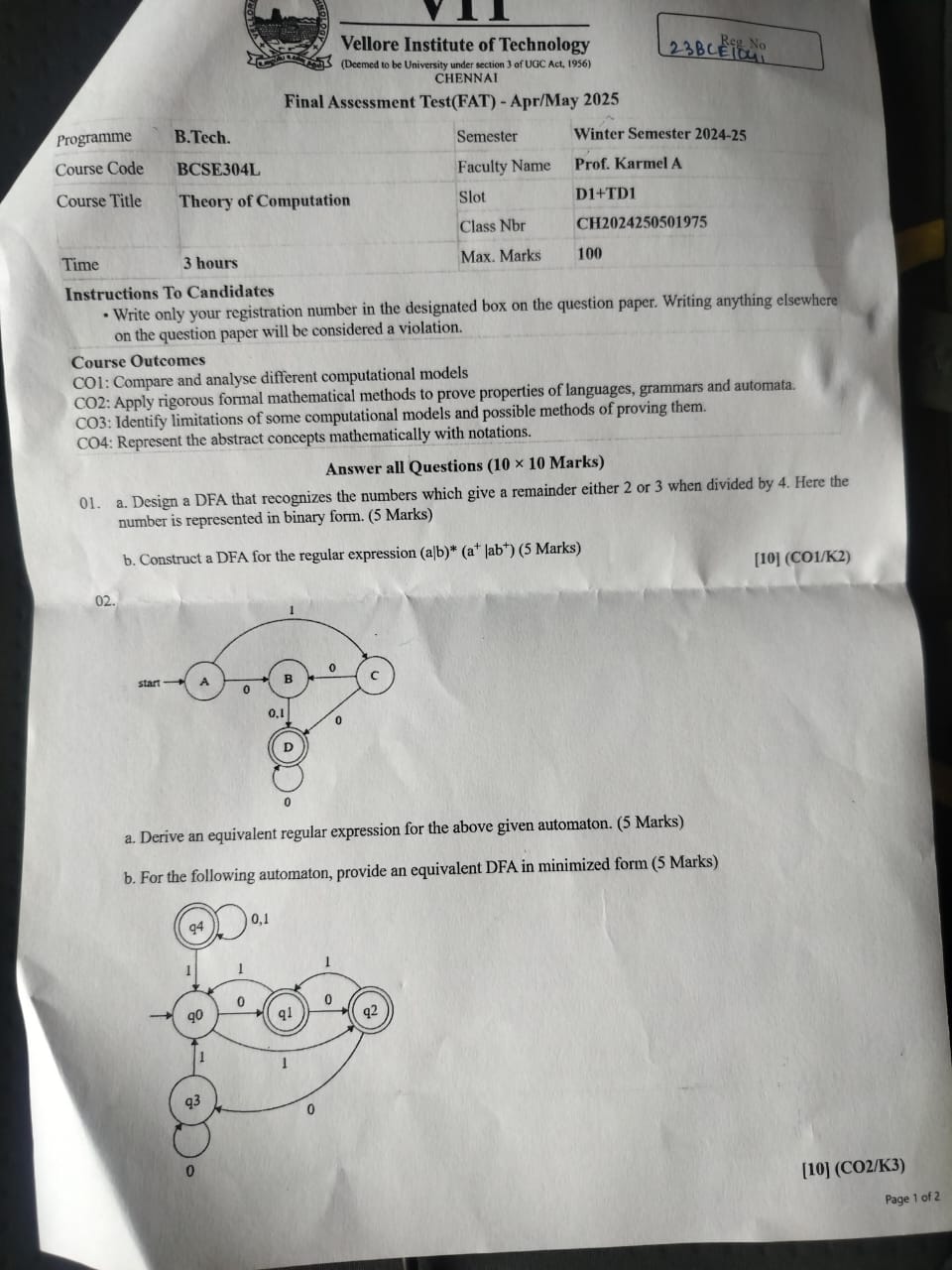 01. a. Design a DFA that recognizes the | StudyX