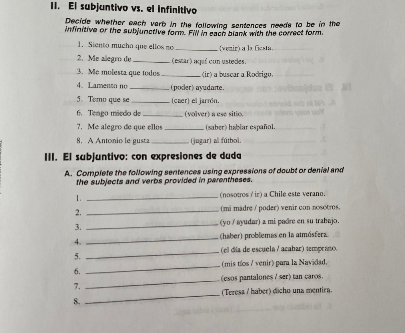 II. El subjuntivo vs. el infinitivo Decide | StudyX