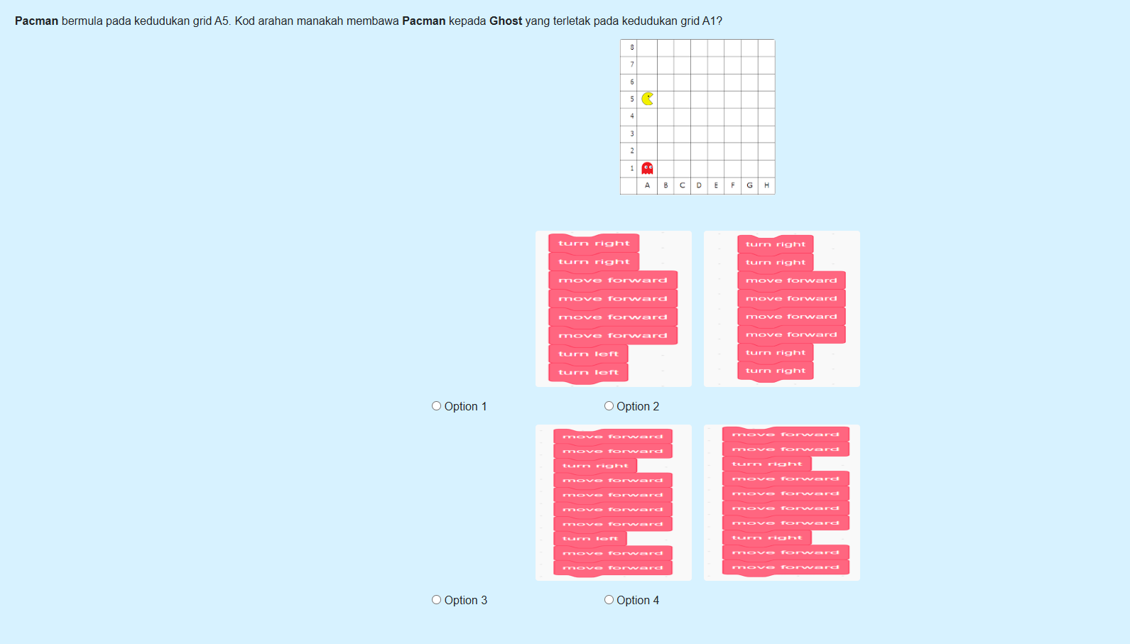 Pacman bermula pada kedudukan grid A5. Kod