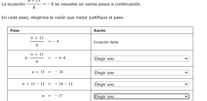 La ecuación $ {w+13}{6} = -4$ se resuelve en | StudyX