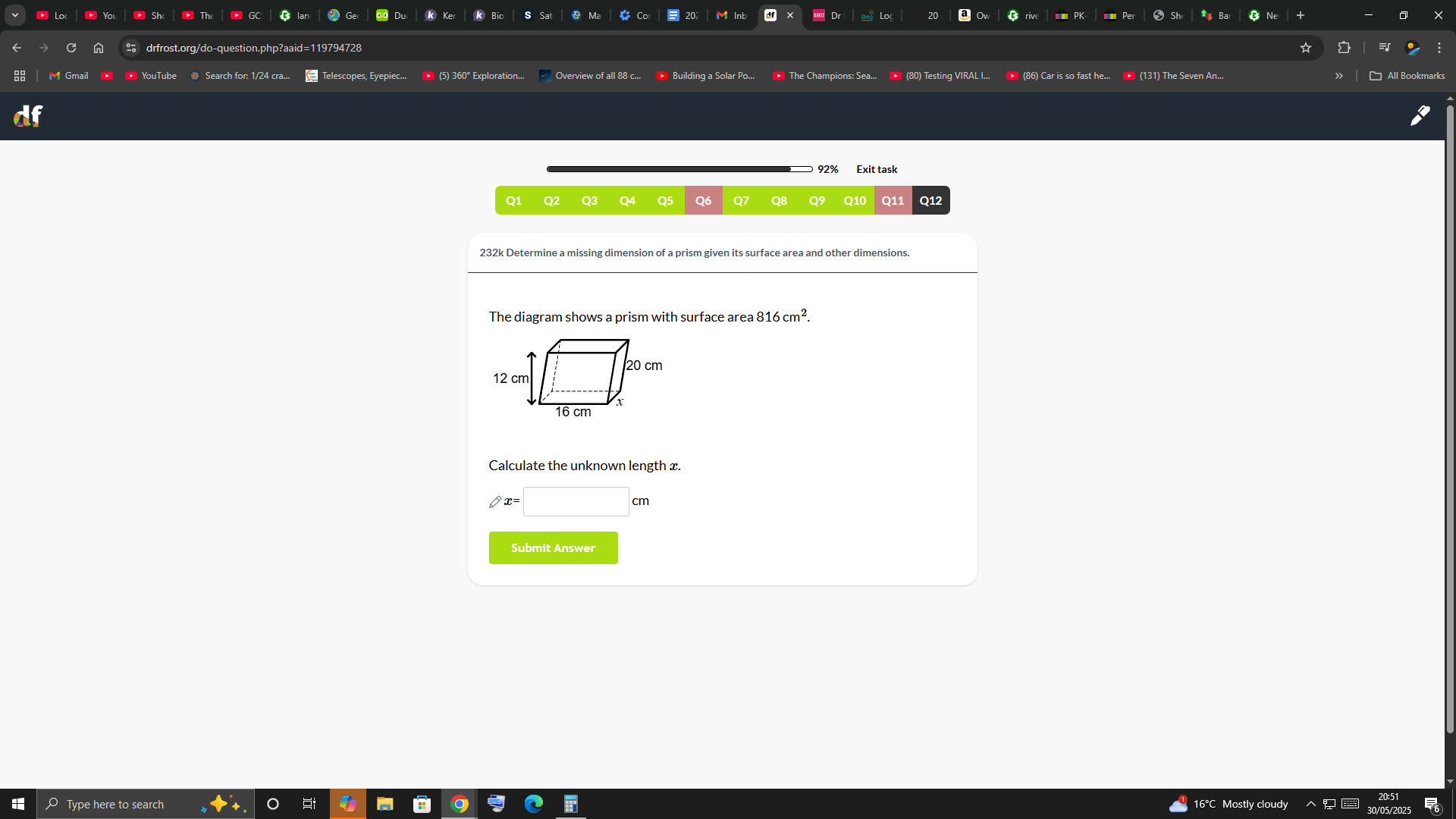 Determine a missing dimension of a prism | StudyX