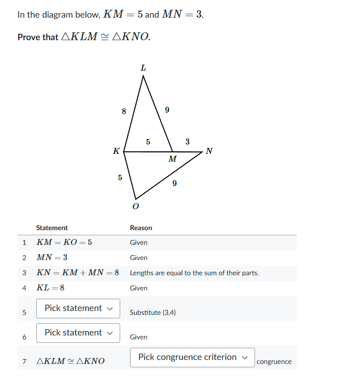 In the diagram below, $KM = 5$ and $MN = 3$. | StudyX