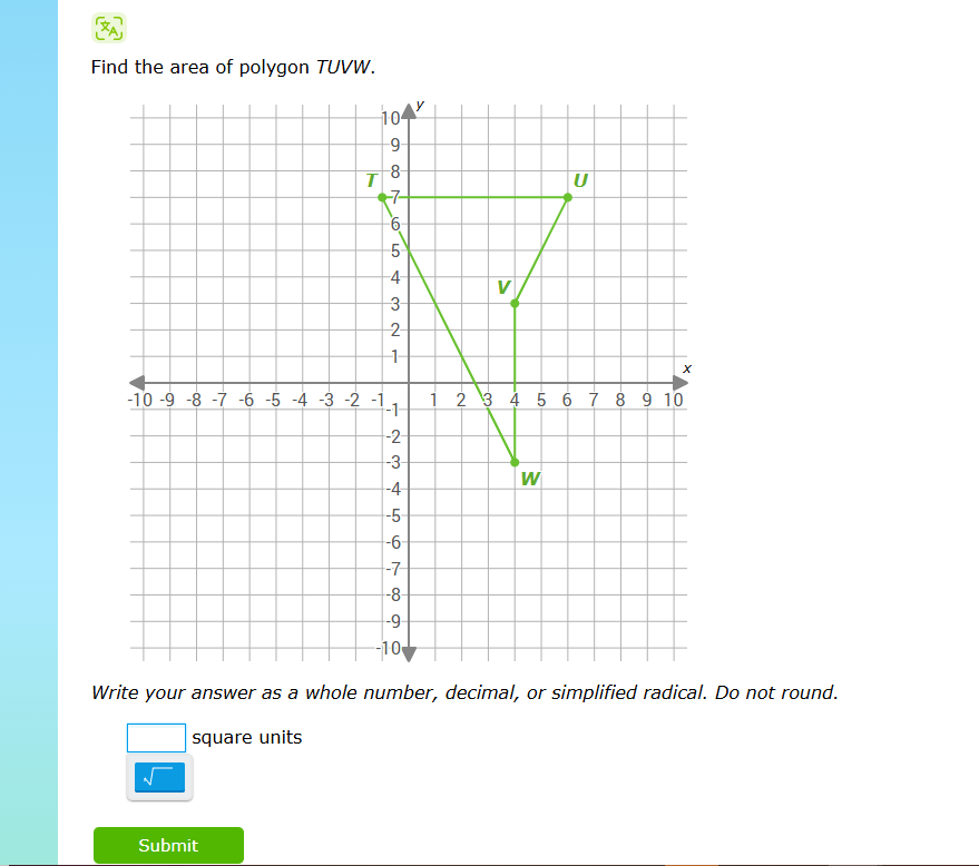 Find the area of polygon TUVW. The image | StudyX