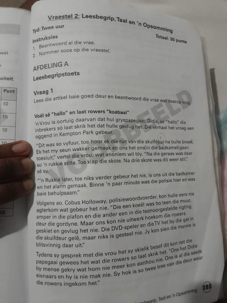 Vraestel 2: Leesbegrip, Taal en 'n Opsomming | StudyX