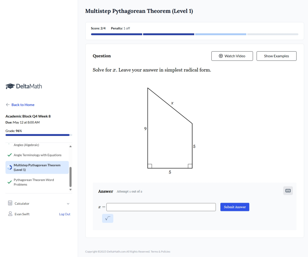 Solve for $x$. Leave your answer in simplest | StudyX