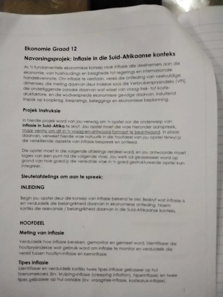 Ekonomie Graad 12 Navorsingsprojek: Inflasie | StudyX