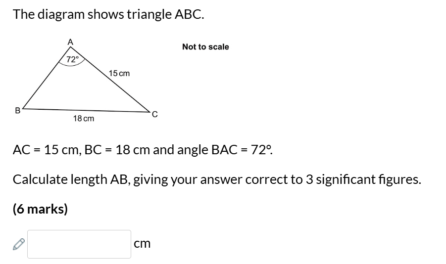 The diagram shows triangle ABC. AC = 15 cm, | StudyX