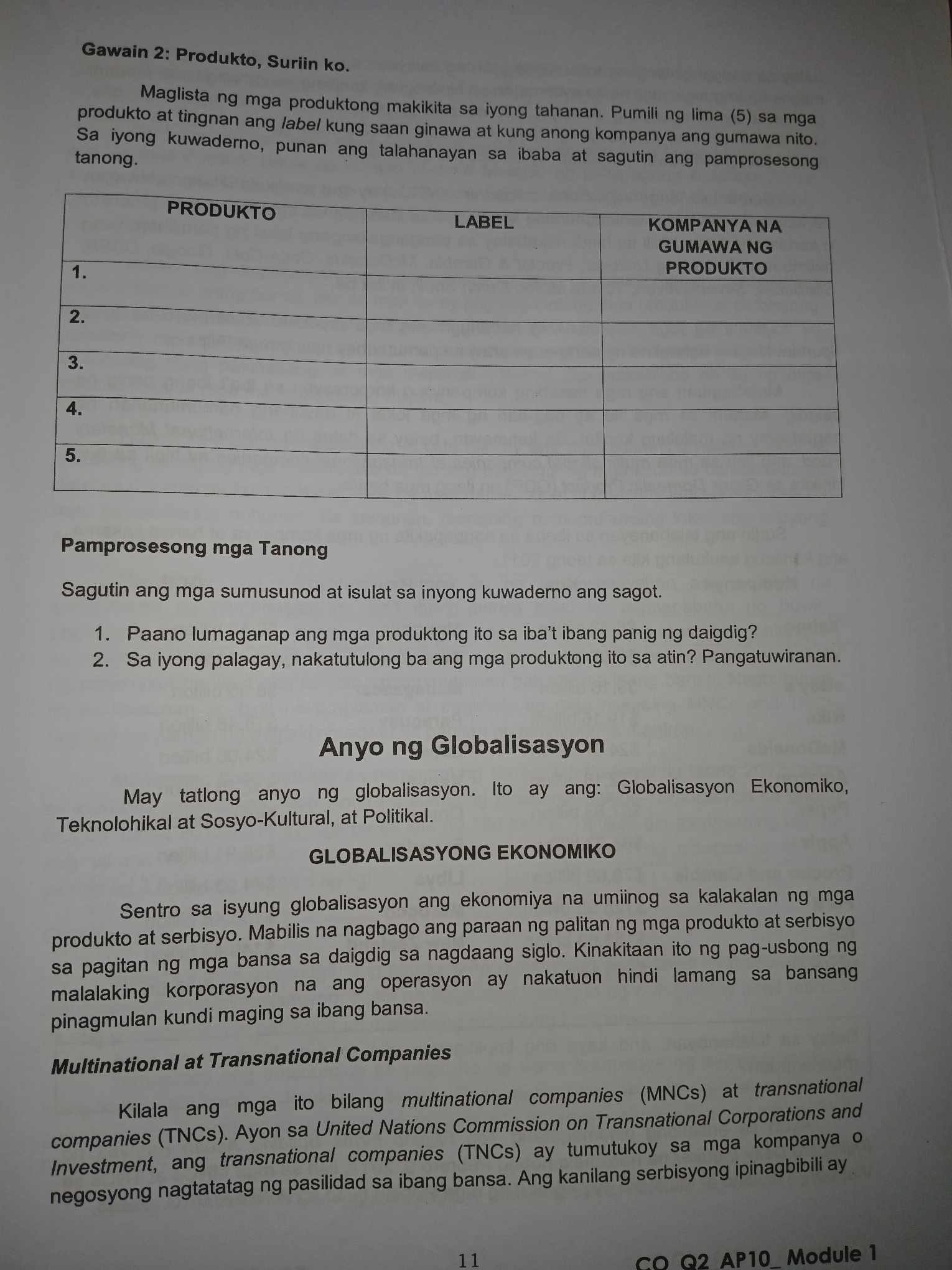 Answer the gawain 2 and pamprosesong tanong | StudyX