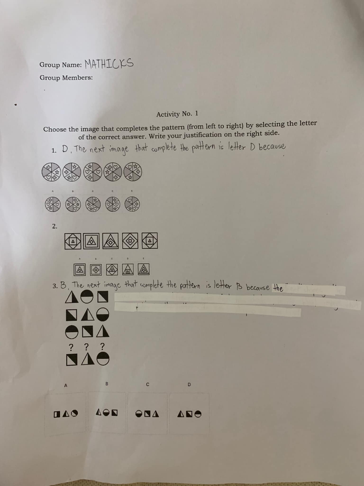 Group Name MATHICKS Group Members Activity | StudyX