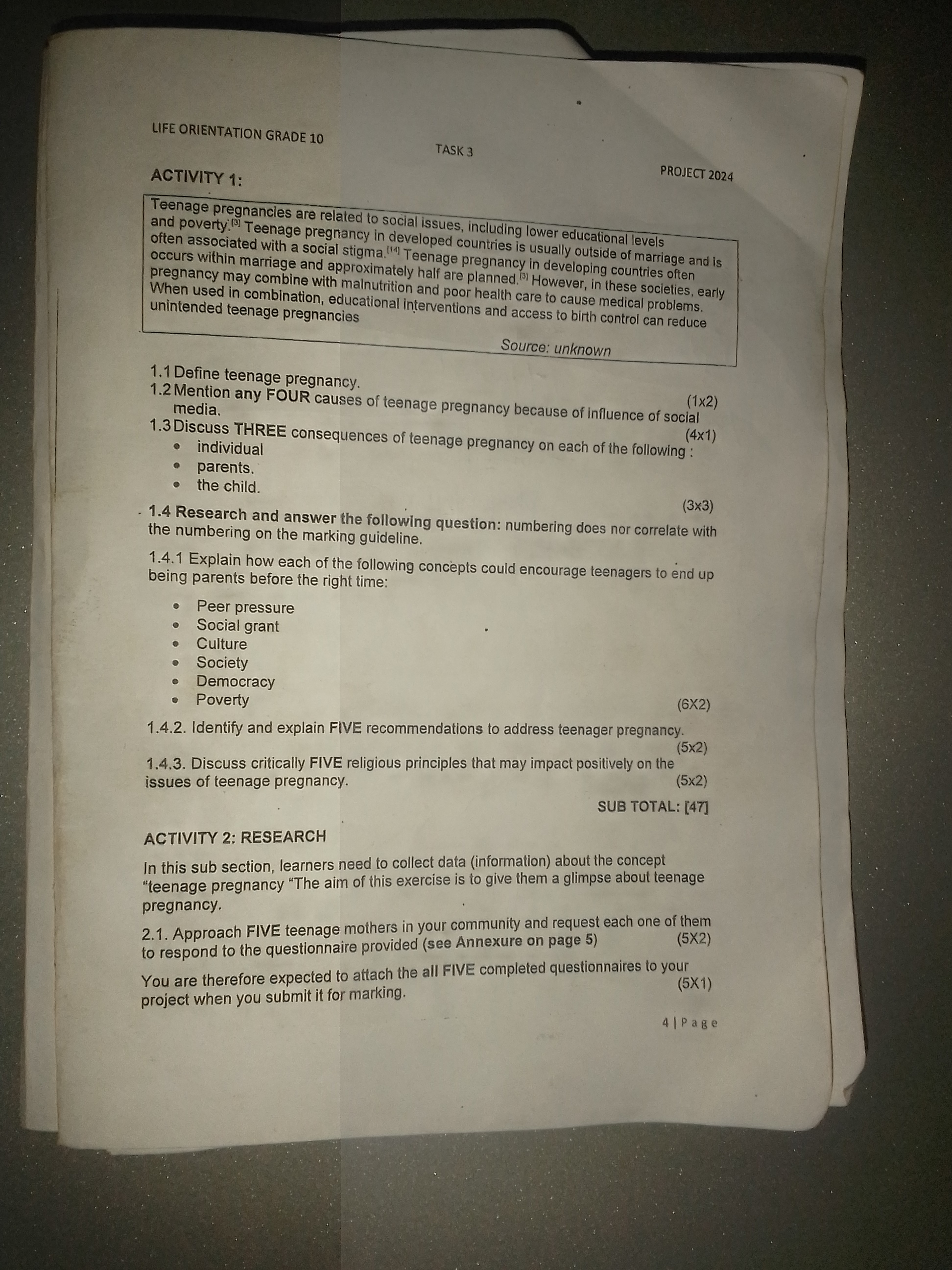 LIFE ORIENTATION GRADE 10 TASK 3 PROJECT | StudyX