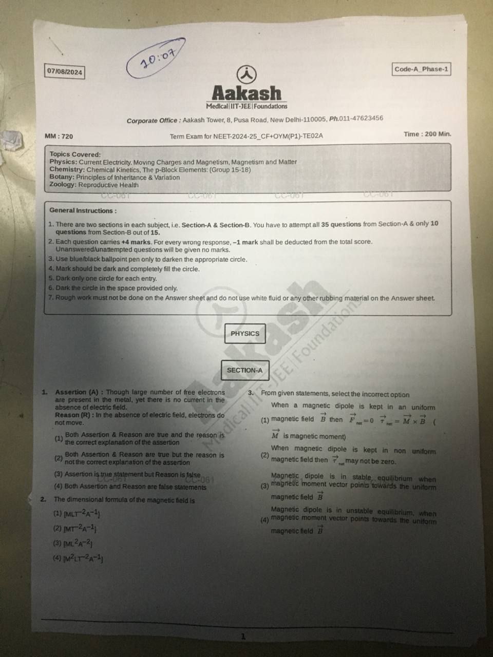 0710812024 (a) Code-A Phase-1 Aakash | StudyX