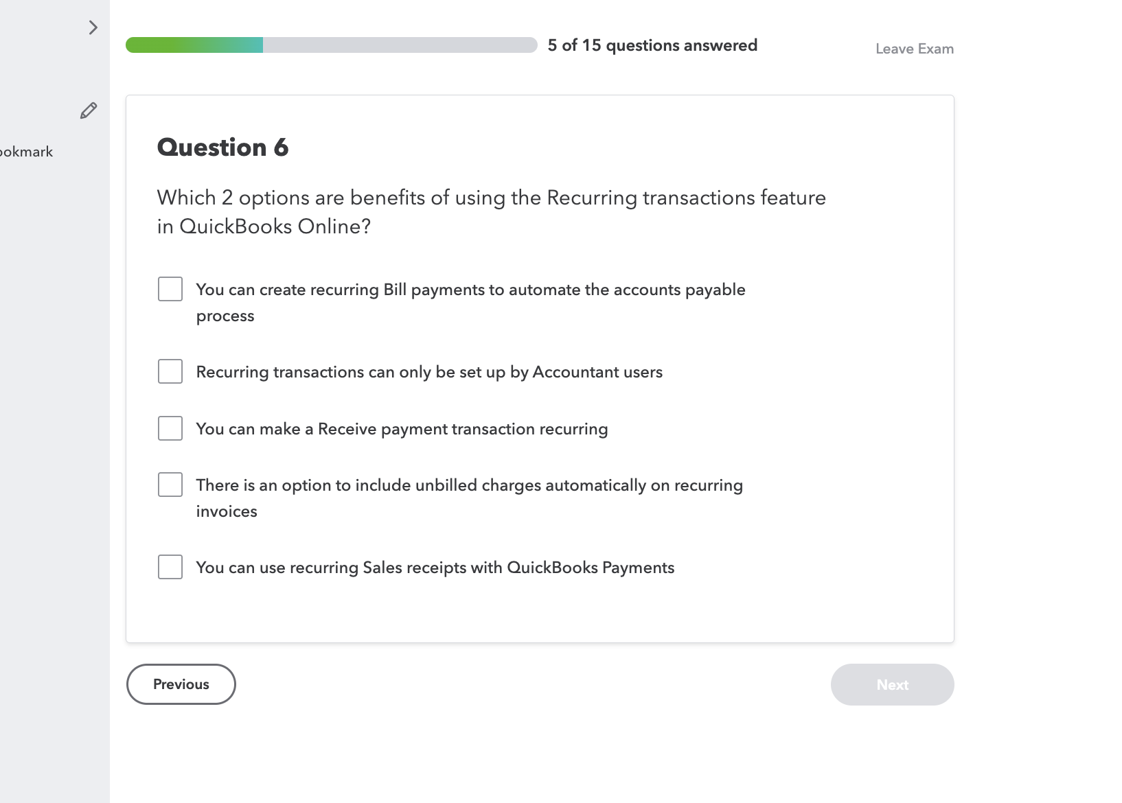 5 of 15 questions answered Leave Exam | StudyX
