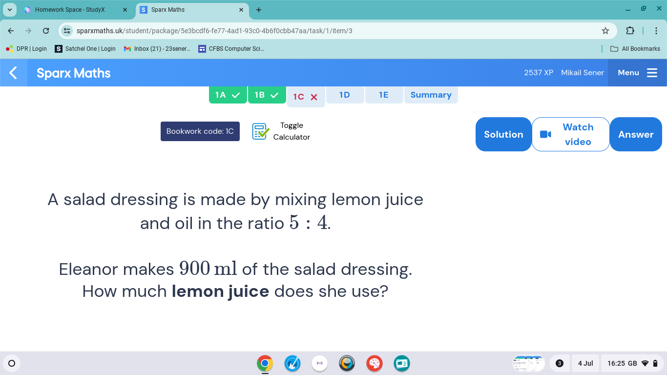 Sparx Maths 2537 XP Mikail Sener Menu 1 A 1B | StudyX