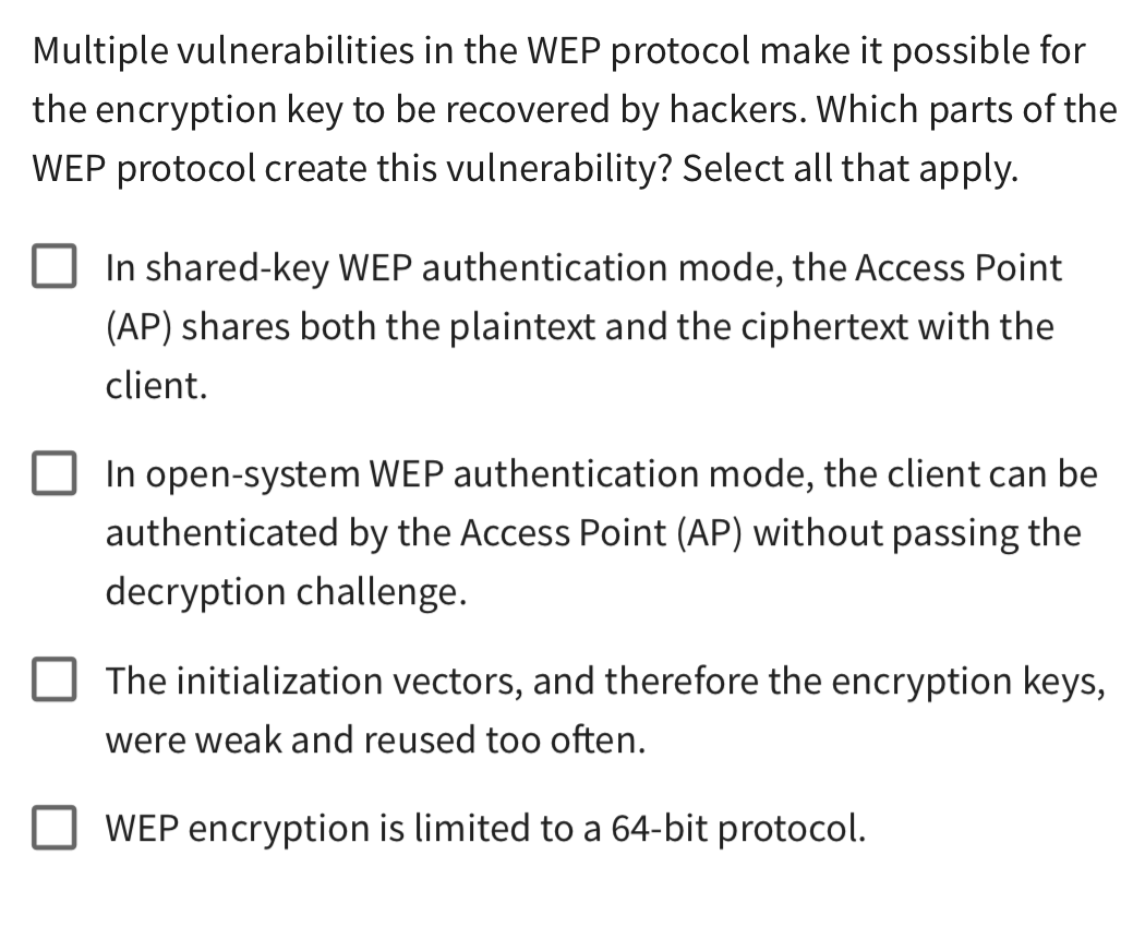 Multiple vulnerabilities in the WEP protocol | StudyX