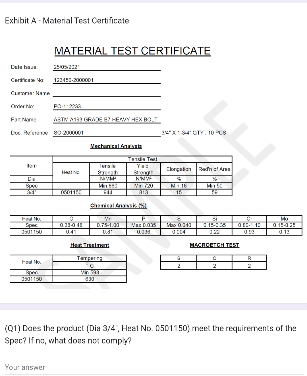 Exhibit A - Material Test Certificate | StudyX