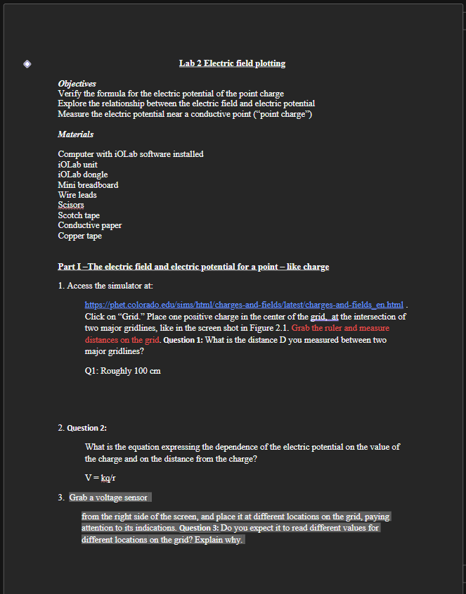 Lab 2 Electric field plotting Objectives | StudyX