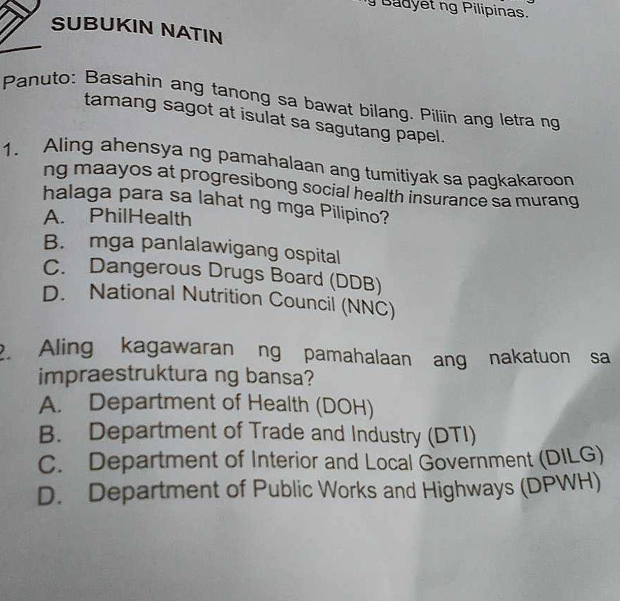 SUBUKIN NATIN Badyet ng Pilipinas Panuto | StudyX