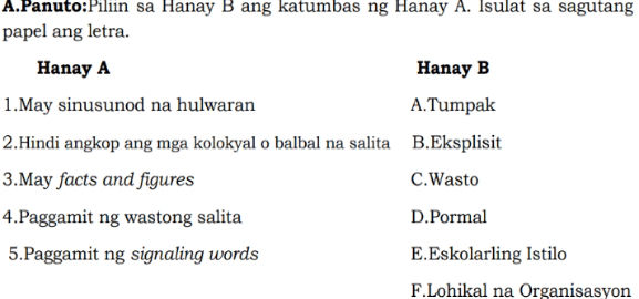 APanuto Piliin sa Hanay B ang katumbas ng | StudyX