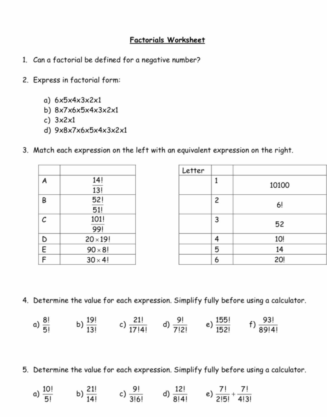 Factorials Worksheet 1 Can a factorial be | StudyX