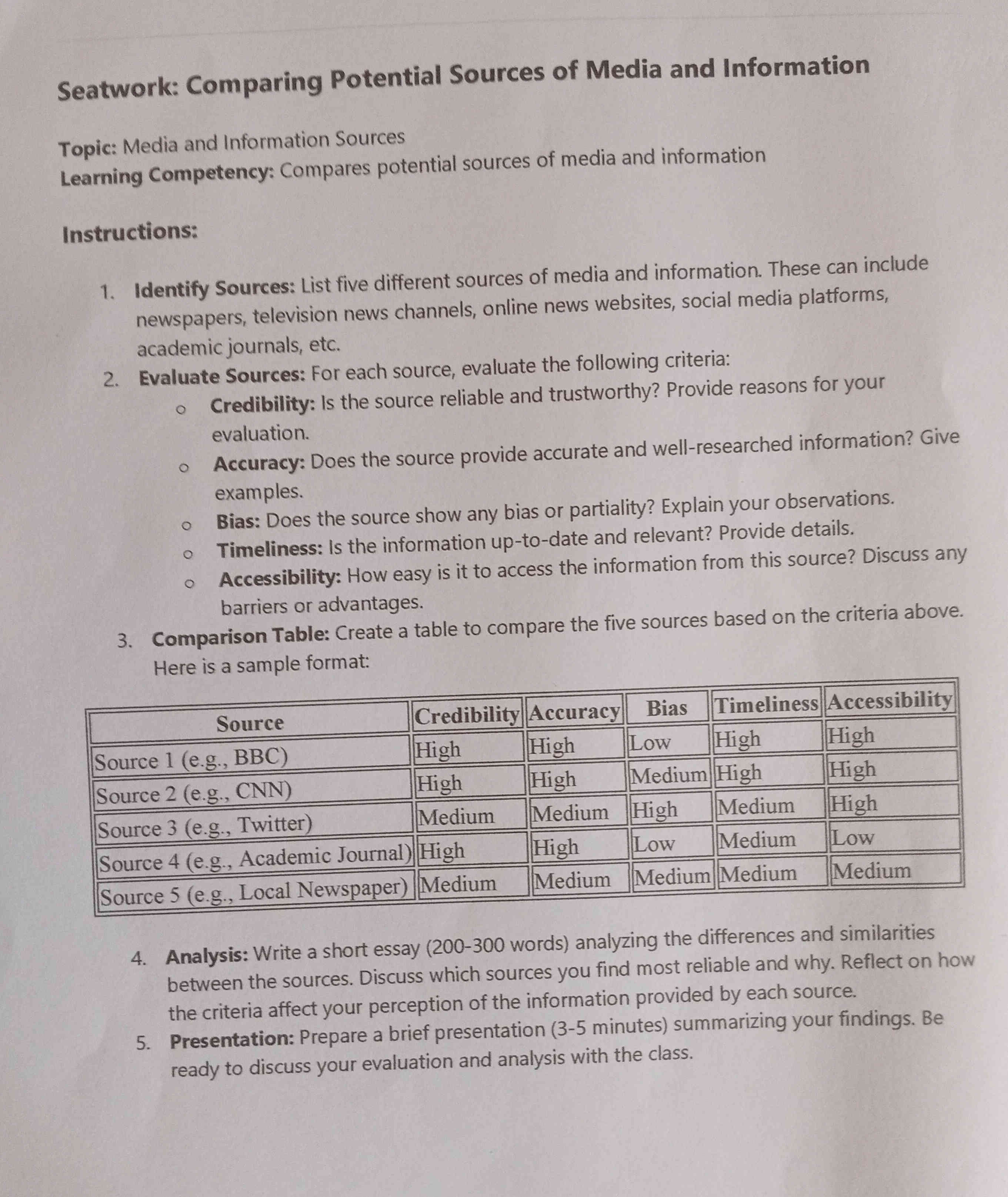 Seatwork Comparing Potential Sources of | StudyX