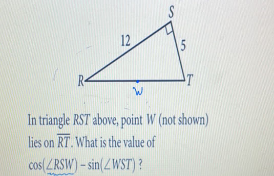 S 12 5 R T W In triangle RST above point W | StudyX