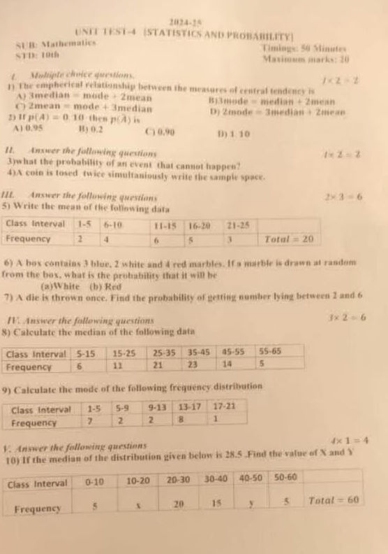 2024-15 UNIT TEST-4 (STATISTICS AND | StudyX