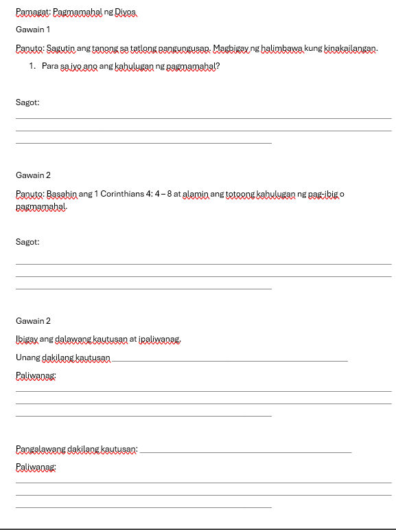Pamagat Pagmamahal ng Diyos Gawain 1 Panuto | StudyX