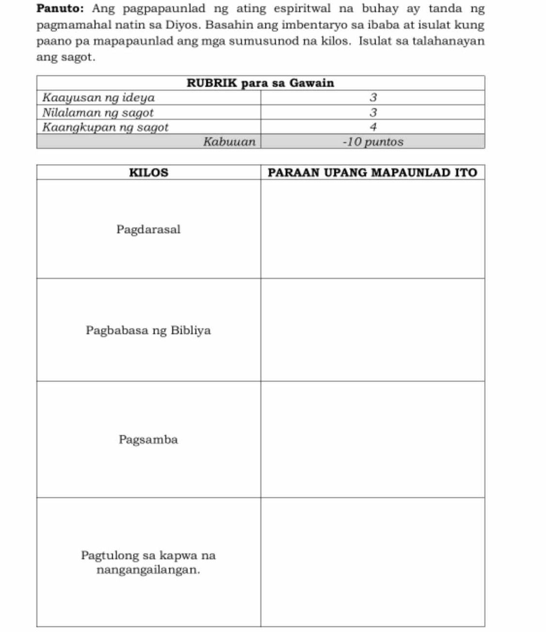 Panuto Ang pagpapaunlad ng ating espiritwal | StudyX