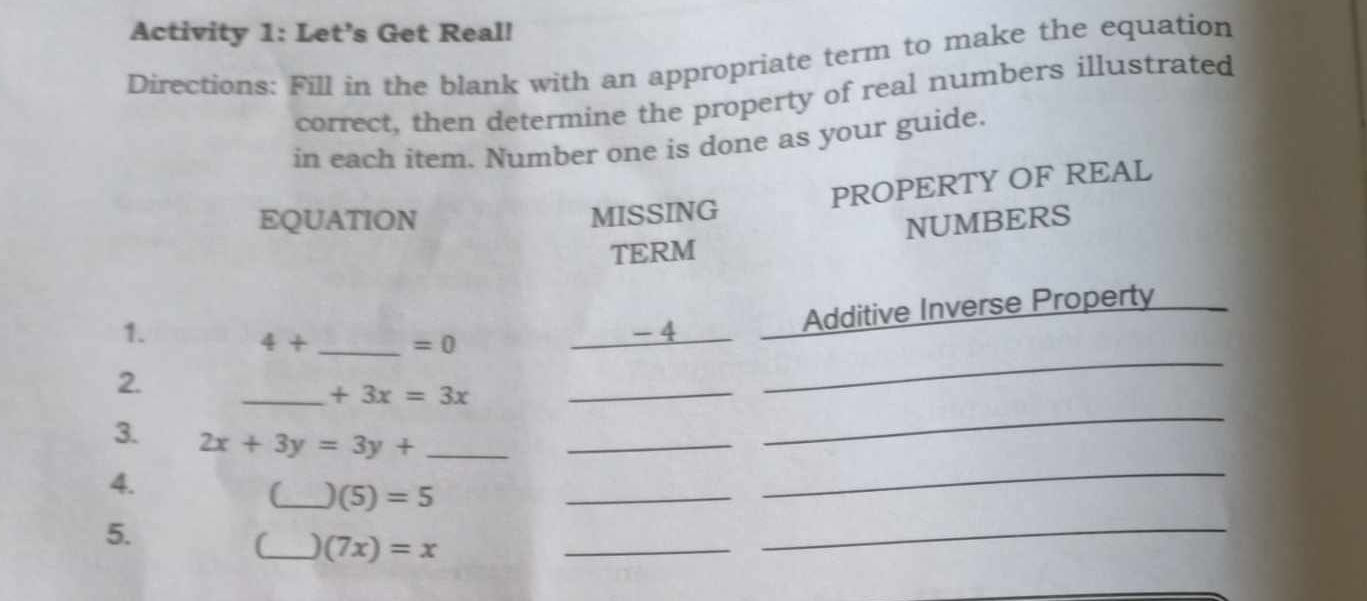 Activity 1 Lets Get Real Directions Fill in | StudyX