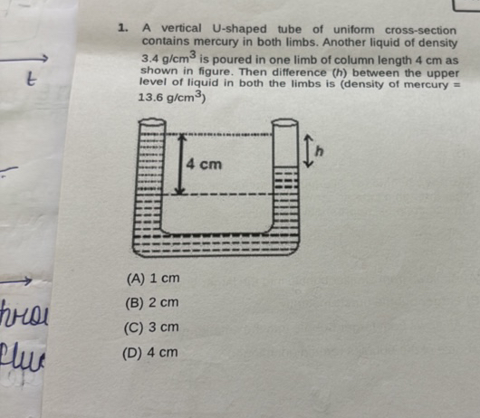 1 A vertical U-shaped tube of uniform | StudyX