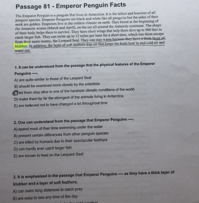 Passage 81 - Emperor Penguin Facts The | StudyX