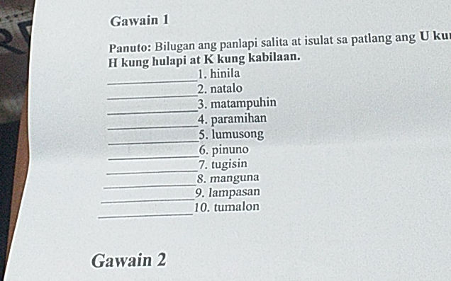 Gawain 1 Panuto Bilugan ang panlapi salita | StudyX