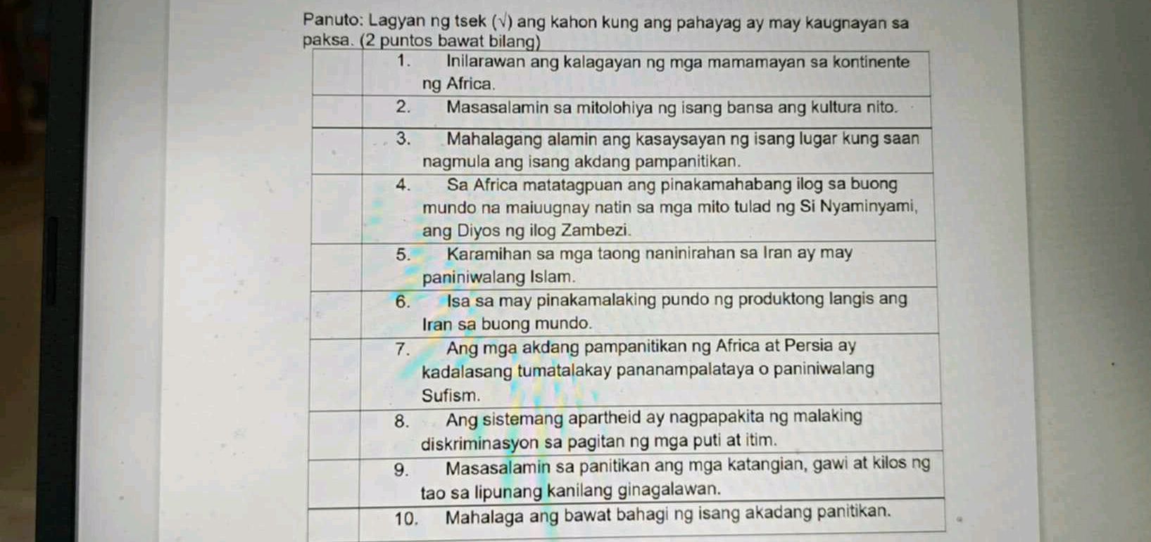Panuto Lagyan ng tsek (v) ang kahon kung ang | StudyX